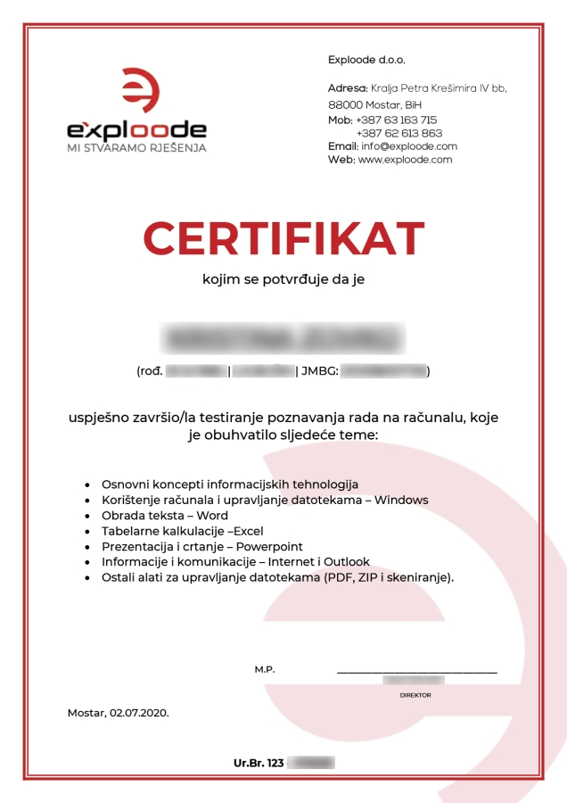 Certifikat - Potvrda o poznavanju rada na računaru